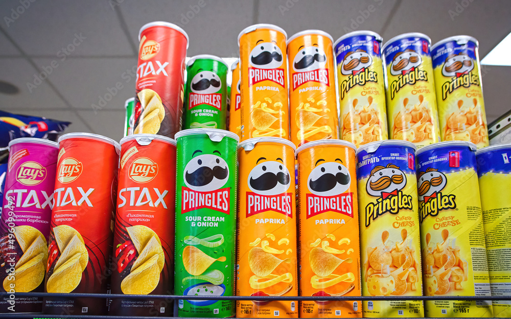 Minsk, Belarus. Mar 2022. Pringles crisp snacks, variety of flavors on ...
