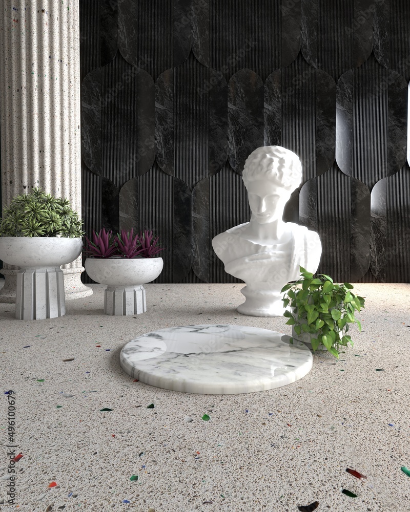Interior mockup with marble dish, antique greek sculpture of goddess ...