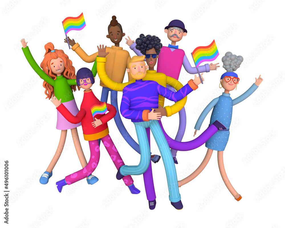Big group of diverse cartoon people participating in a pride parade ...