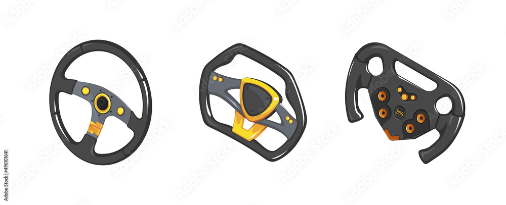 Auto steering wheel in isometry. Set of different auto steering wheels ...