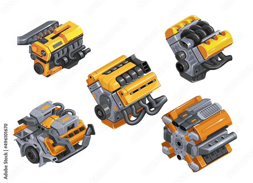 Car engine in isometry. Set of engines of different levels on white ...
