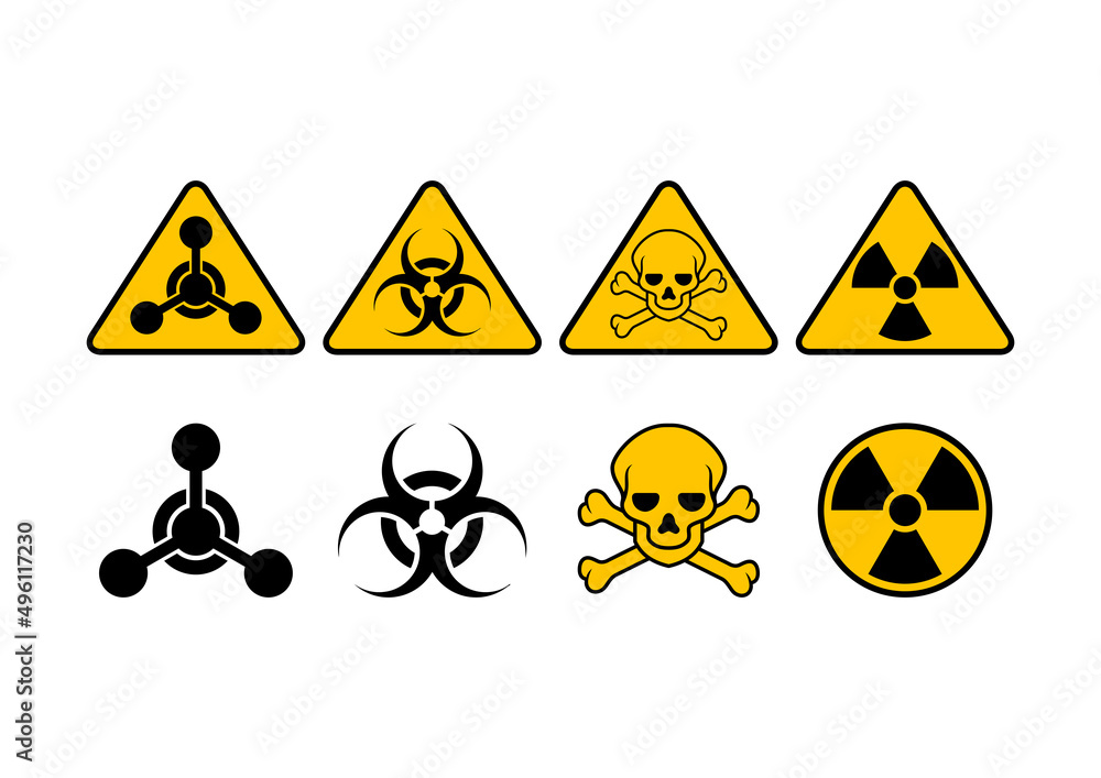Hazard warning radioactive symbols icons set vector. Biohazard ...