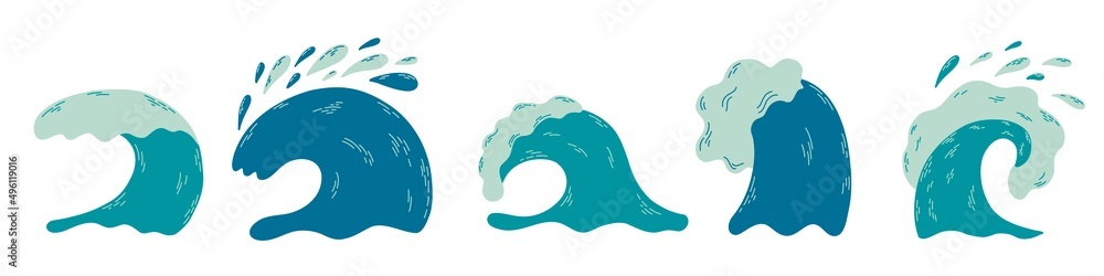 Sea waves. Cartoon ocean tidal storm waves isolated on white background ...