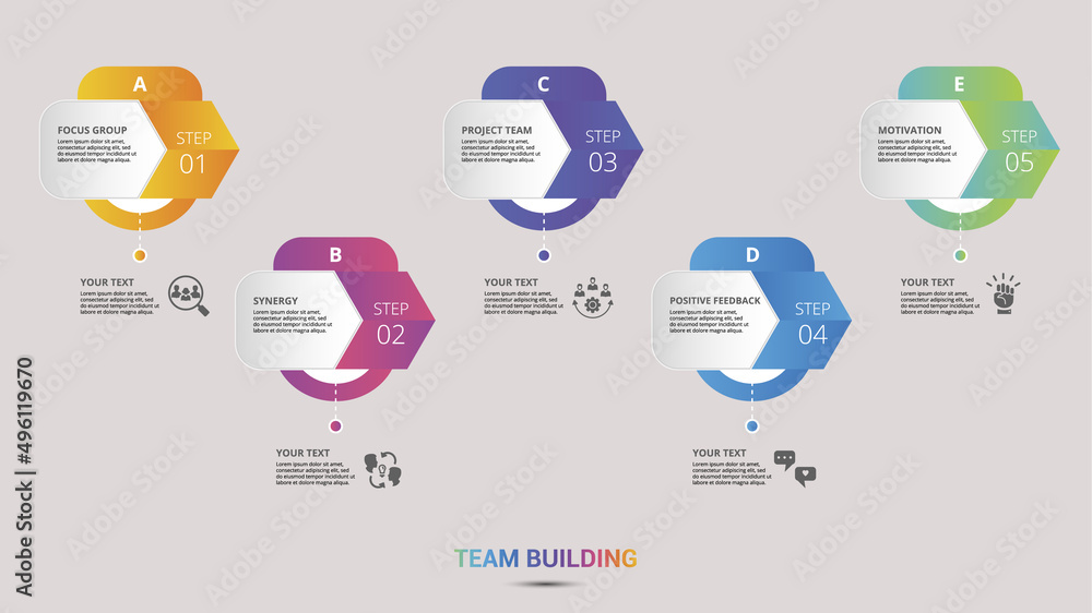 Infographic Team Building icons vector illustration. 5 colored steps ...