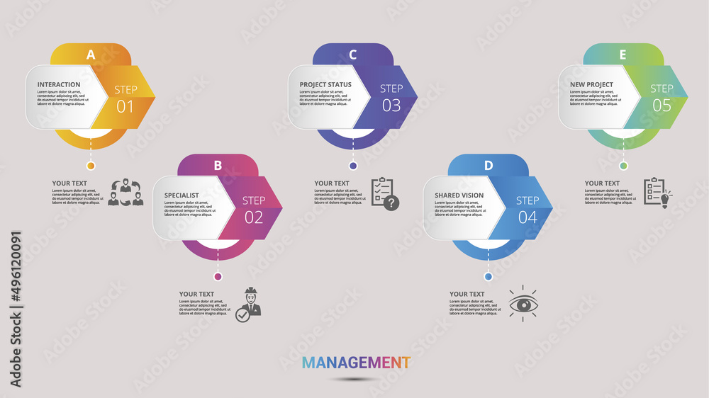 Infographic Management icons vector illustration. 5 colored steps info ...
