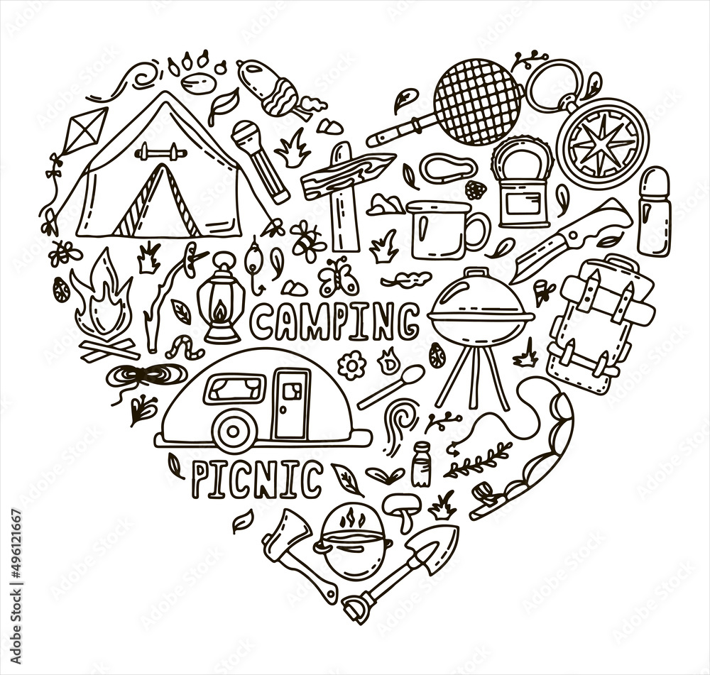 Big Doodle vector camping set. Sketch hiking Icons.Hand draw ...