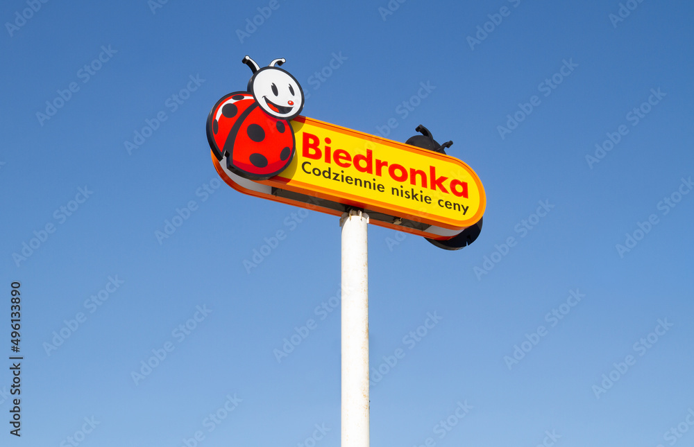 Biedronka supermarket shop logo sign. Retail chain of discount shops in ...