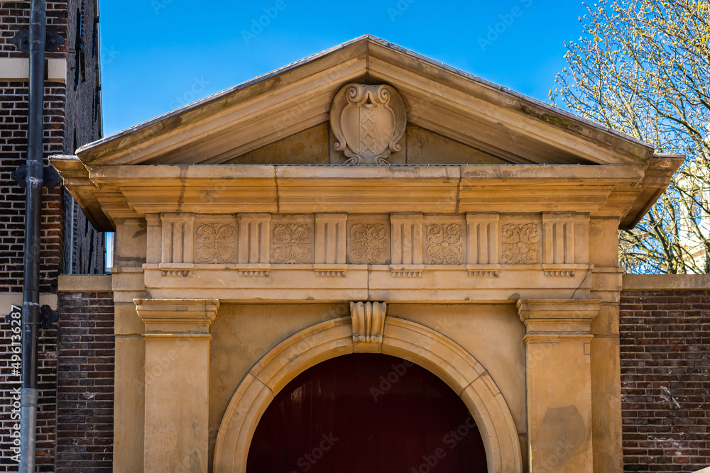 Close-up of mystical medieval entrance doorway portal in parallel ...