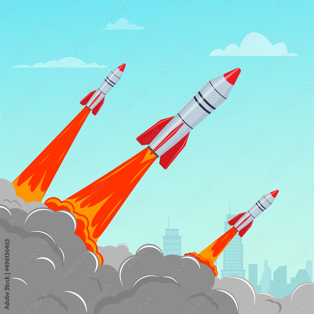 Missiles launch and takeoff fire column. Combat missiles launches ...