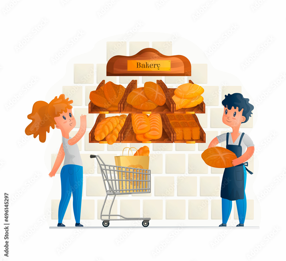 Plakát Vector cartoon illustration with young woman, customer who ...