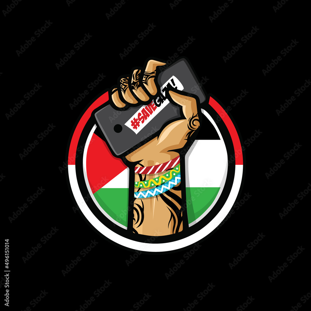 Logo hand clenching a cell phone with a sticker that says 'SAVE GAZA ...
