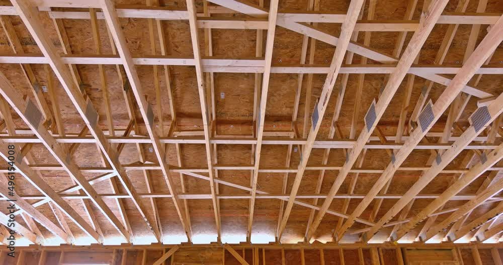 Stockvideon Detail of roof wood framing rafter truss system timber ...