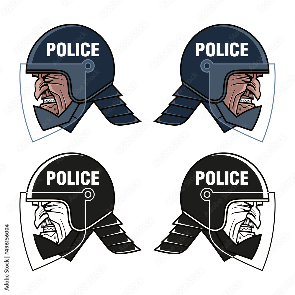 Riot police officer portrait, angry face, head in a helmet. Symbol of ...