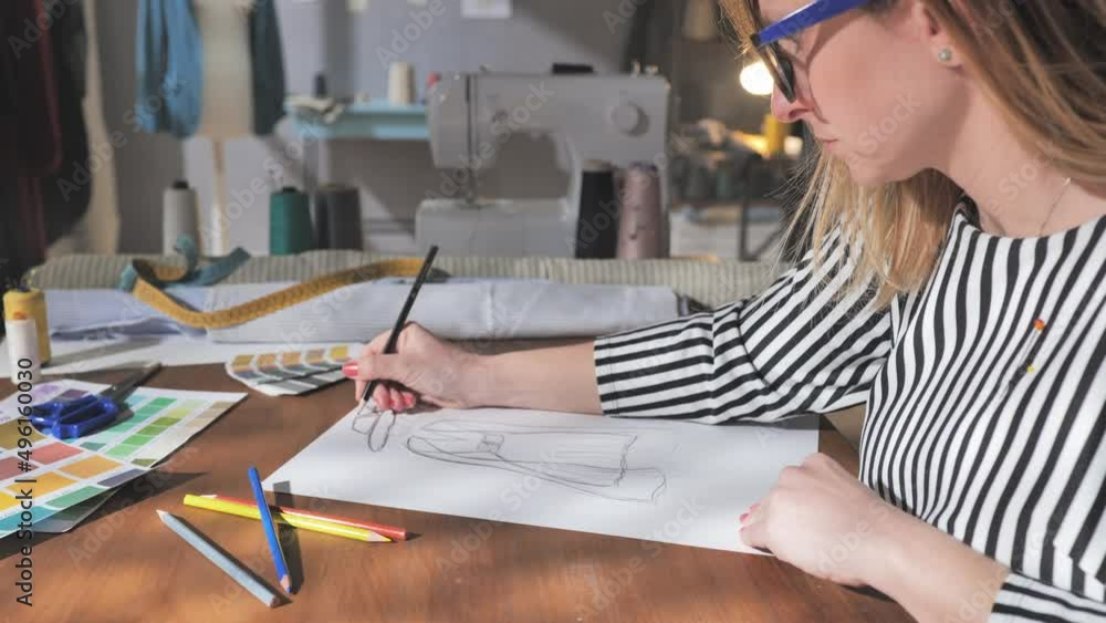 woman fashion designer at her desk drawing sketches clothes in studio ...