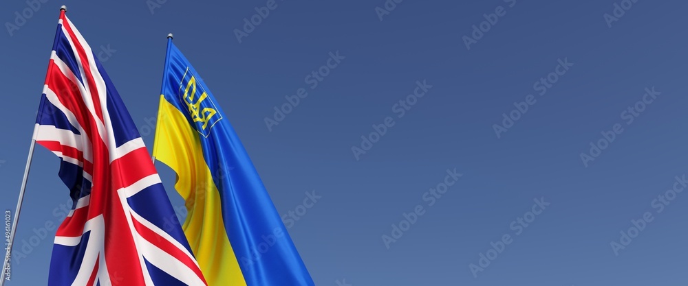 Flags of the United Kingdom and Ukraine on flagpoles on side. Flags on ...