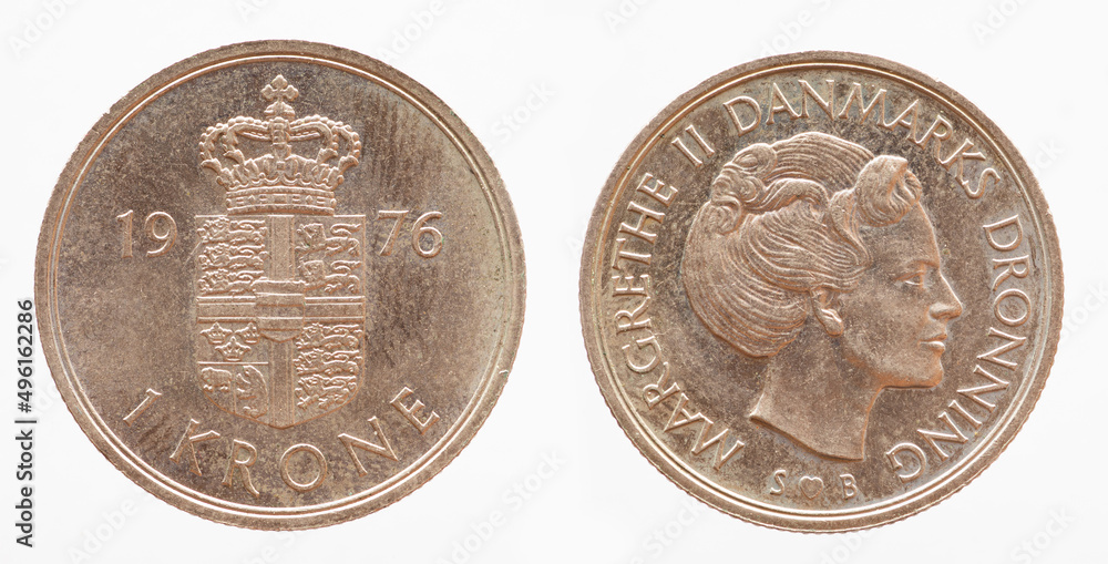 Denmark - circa 1976 : a 5 Krone coin of Denmark showing the coat of ...