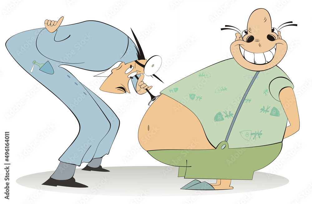 In the hospital. Comic cartoon doctor examining a potbelly of the ...