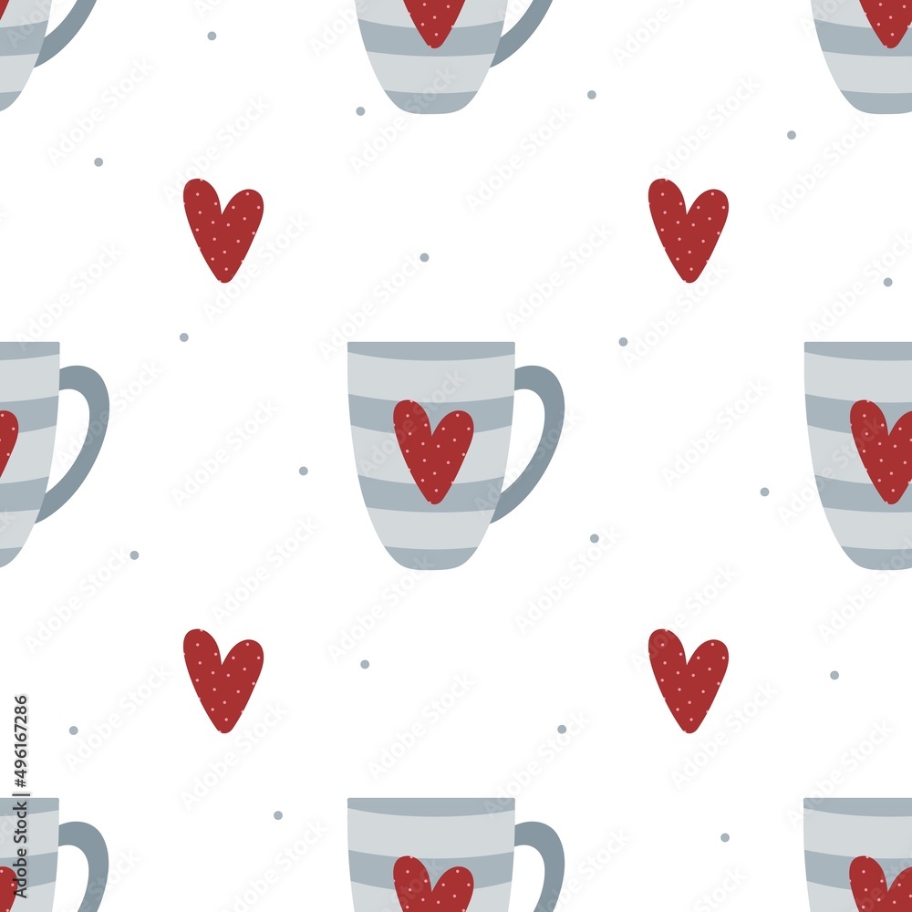 Cute mugs with hearts hand drawn seamless pattern. Vector illustration ...