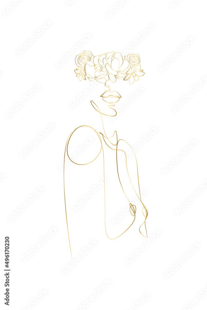 Abstract face with flowers by gold one line vector drawing. Portrait ...