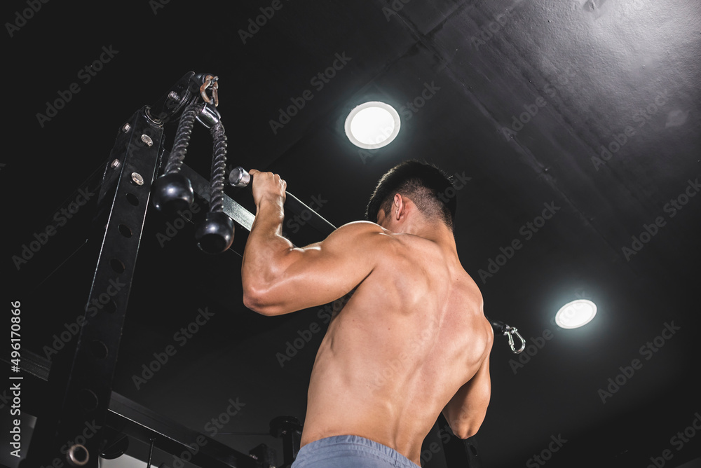 A muscular and buff asian guy trains his back at the gym. Doing a set ...