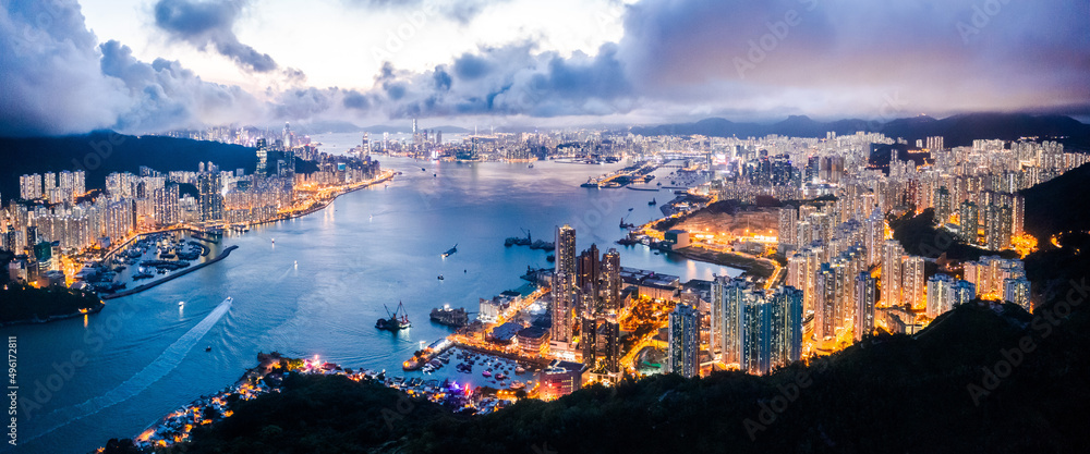 Epic Aerial view of Victoria Harbour, focus on the East side of Hong ...