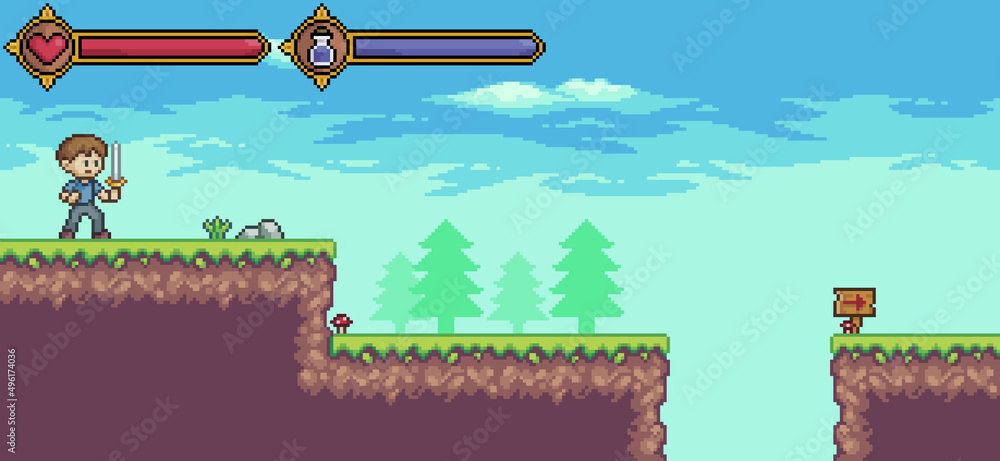 Pixel art game scene with character, life bar and mana vector ...