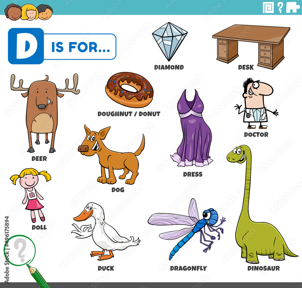 letter d words educational set with cartoon characters Stock Vector ...