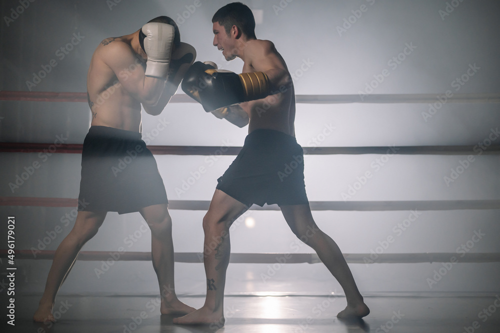 Two professional young muscular shirtless male boxers fighting in a ...