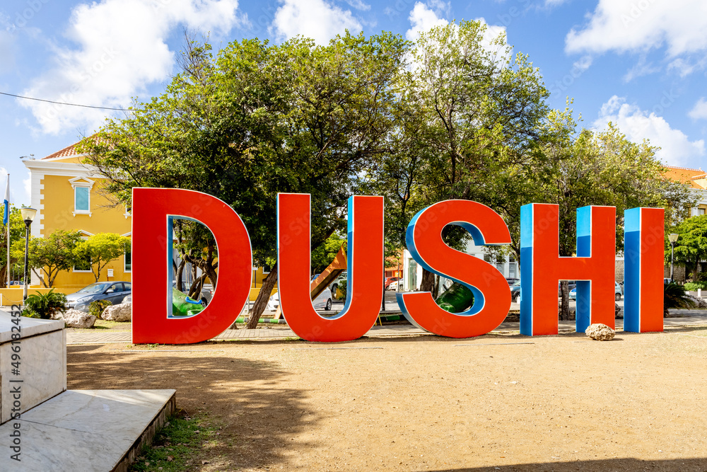 DUSHI written in big red and blue letters in the city center of ...
