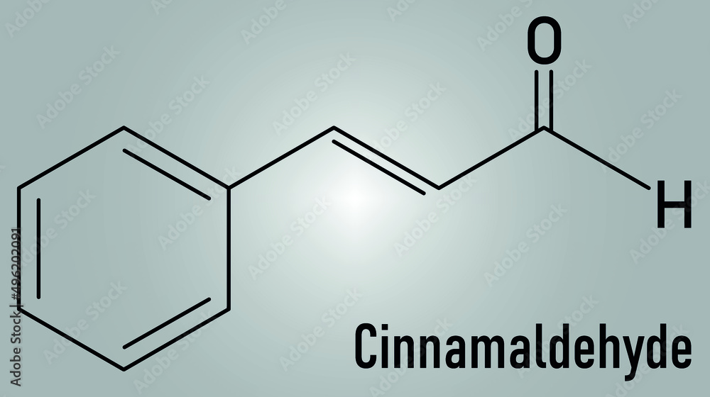 Cinnamaldehyde (cinnamic aldehyde) cinnamon flavor molecule. Skeletal ...