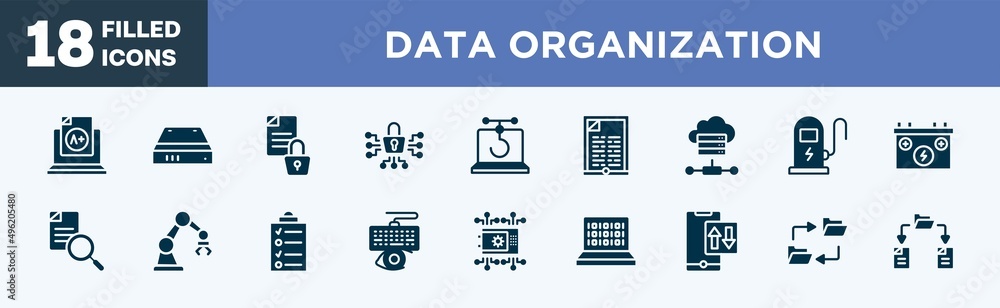 set of data organization icons in filled style. data organization editable glyph icons ...