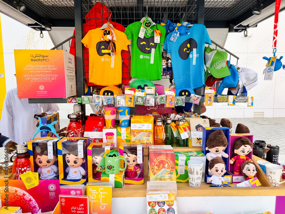 Expo 2020 souvenirs on a stall, official branded merchandise in Dubai ...