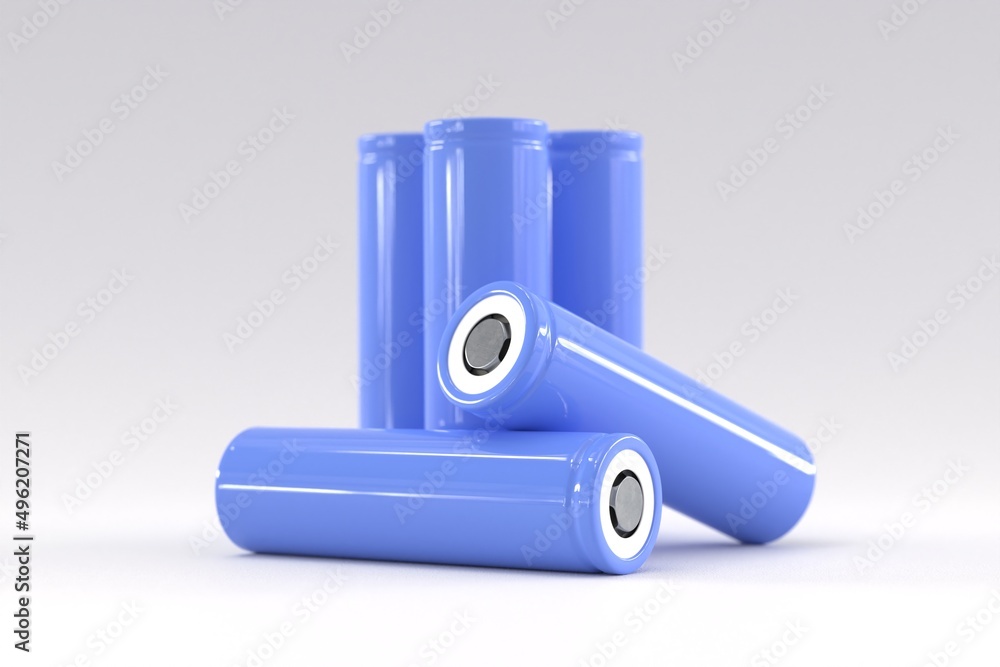5 blue cylindrical batteries on a light gray background. Storage ...