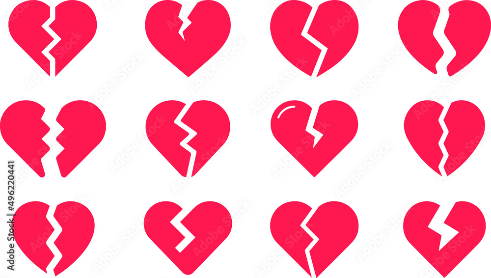 broken heart shaped symbols. Heart Shape Icons. Red cracked hearts flat ...