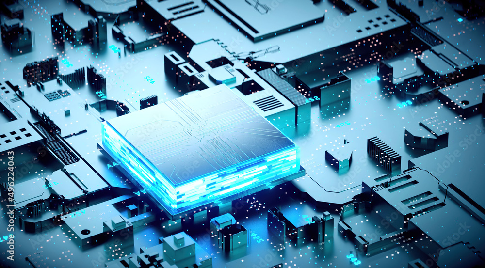 3D rendering of cyberpunk AI. Circuit board. Technology background ...