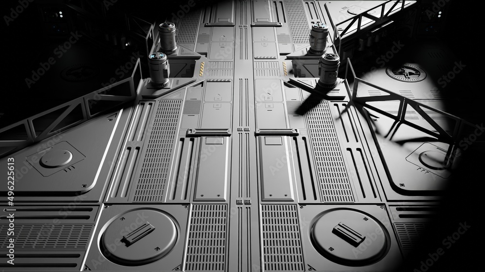 Control room laboratory interior metal grate corridor in dark scene 3D ...