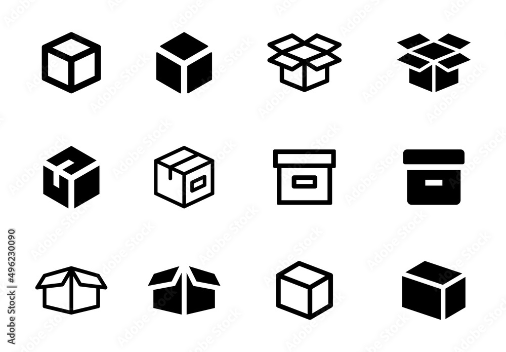 Packaging box icon collection in black and white design. Stock Vector ...