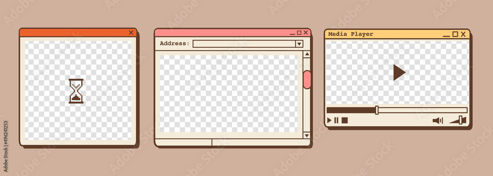 Nostalgic retro computer ui. Vintage browser and video player. Vaporwave and retrowave style old ...