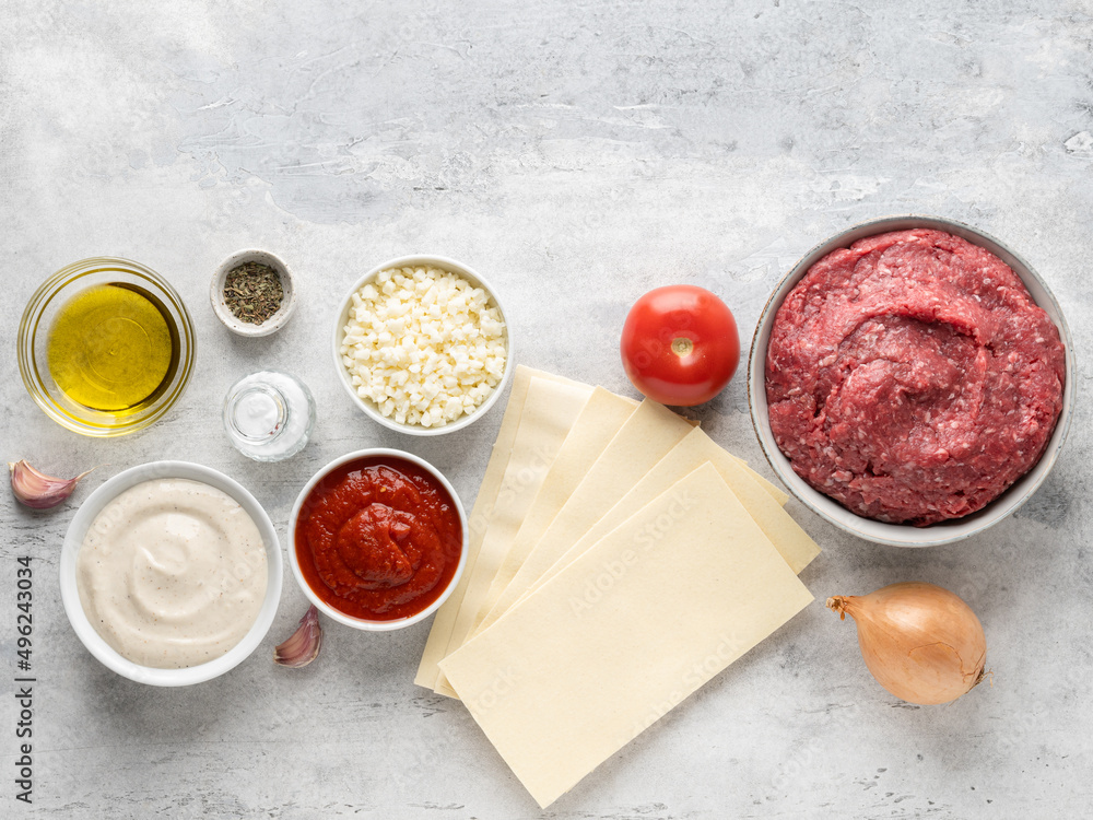 Lasagna ingredients top view. Ground beef (minced), lasagne sheets ...