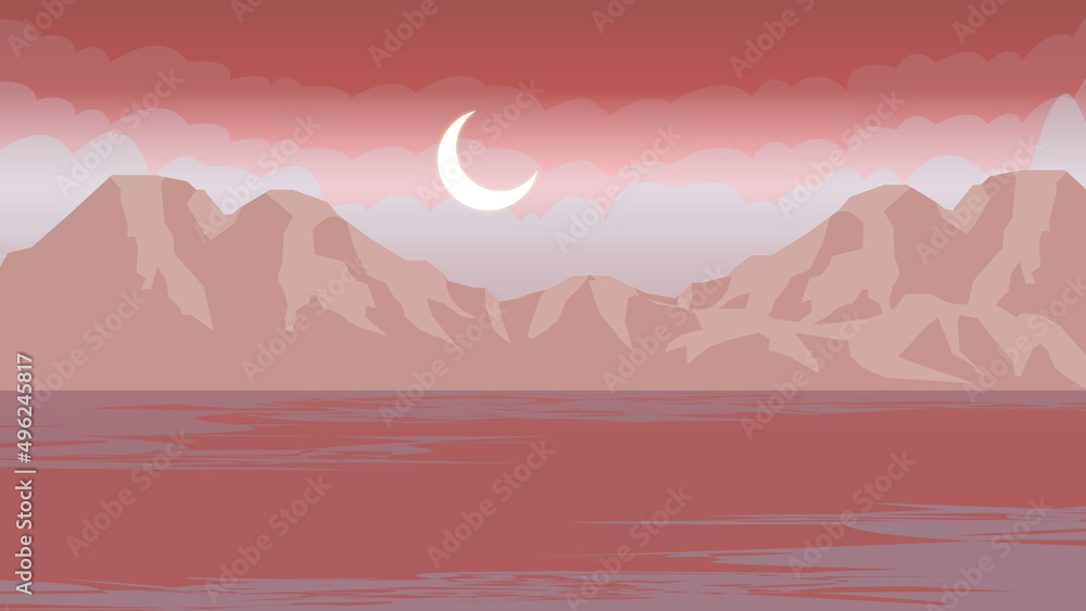 Animated lake landscape view with moon and clouds in sky-high ...