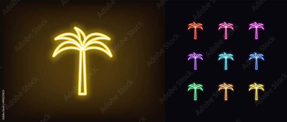 Outline neon palm tree icon. Glowing neon palm sign, tropic summer ...