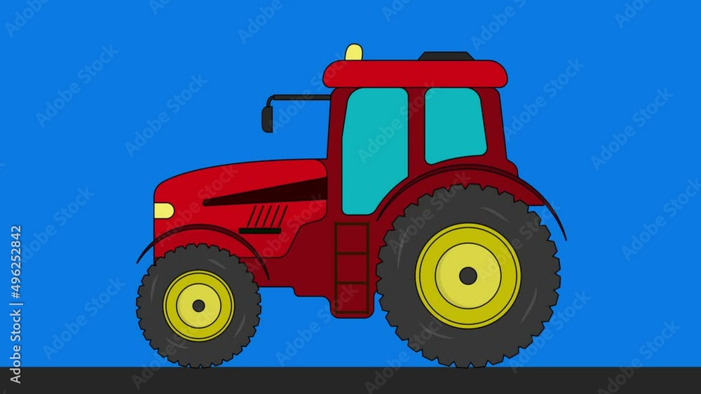 Close-up side view of a tractor driving on a road seamless loop ...