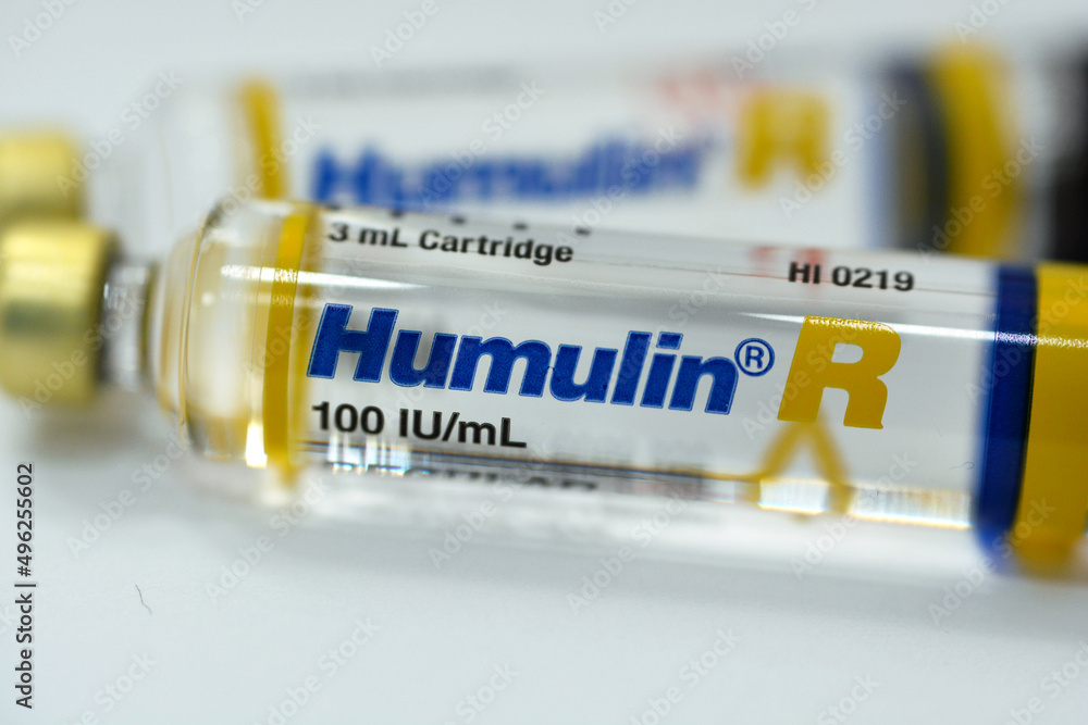 Cairo, Egypt, January 2 2022, Humulin R human insulin rDNA 100 IU solution for subcutaneous or ...