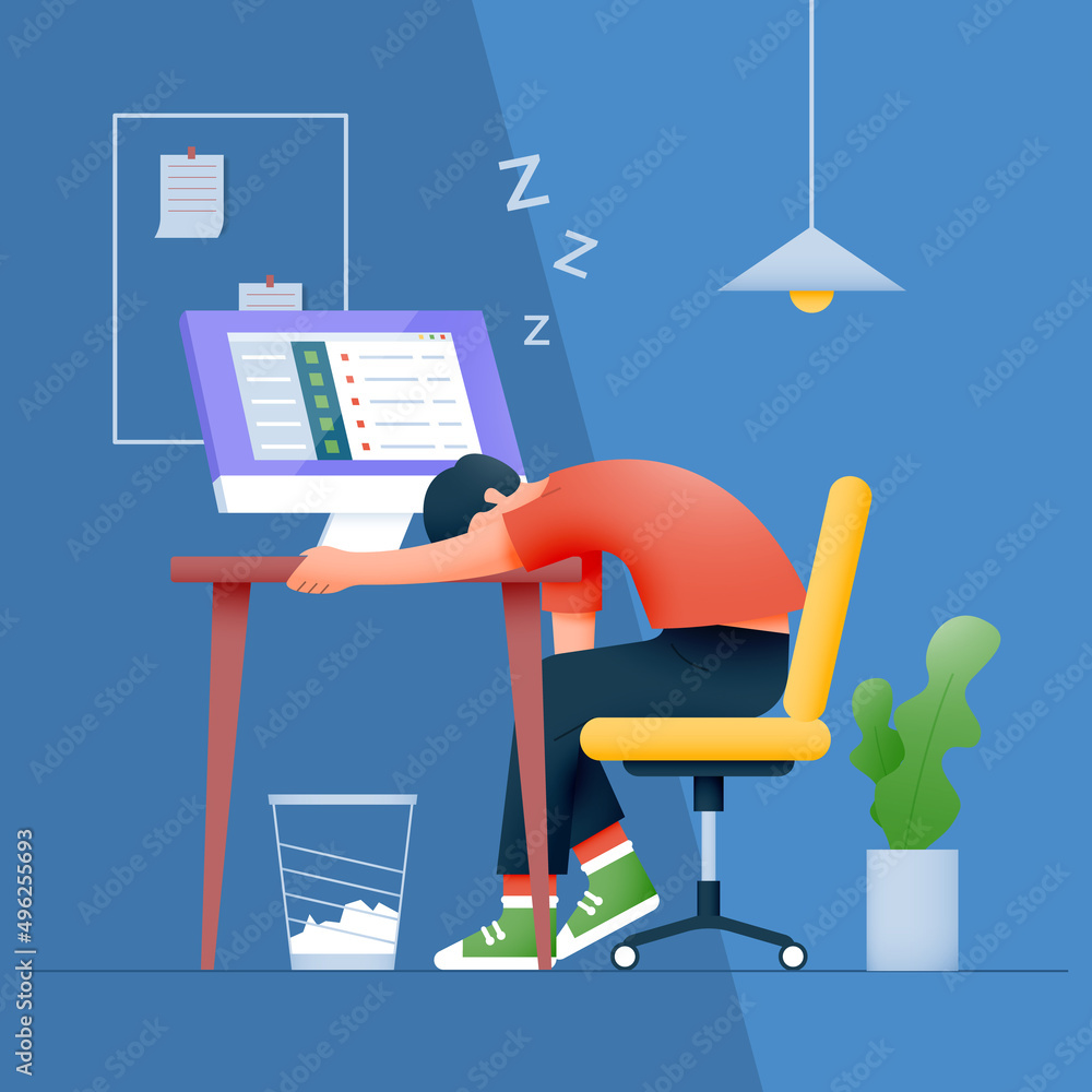Office worker falls asleep at the workplace. Tired sleepy man sleeping ...