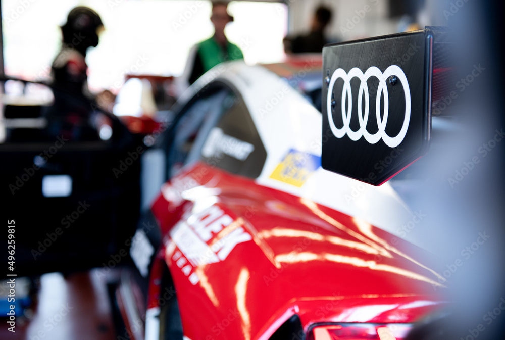 Audi logo on race car rear wing spoiler detail Stock Photo | Adobe Stock