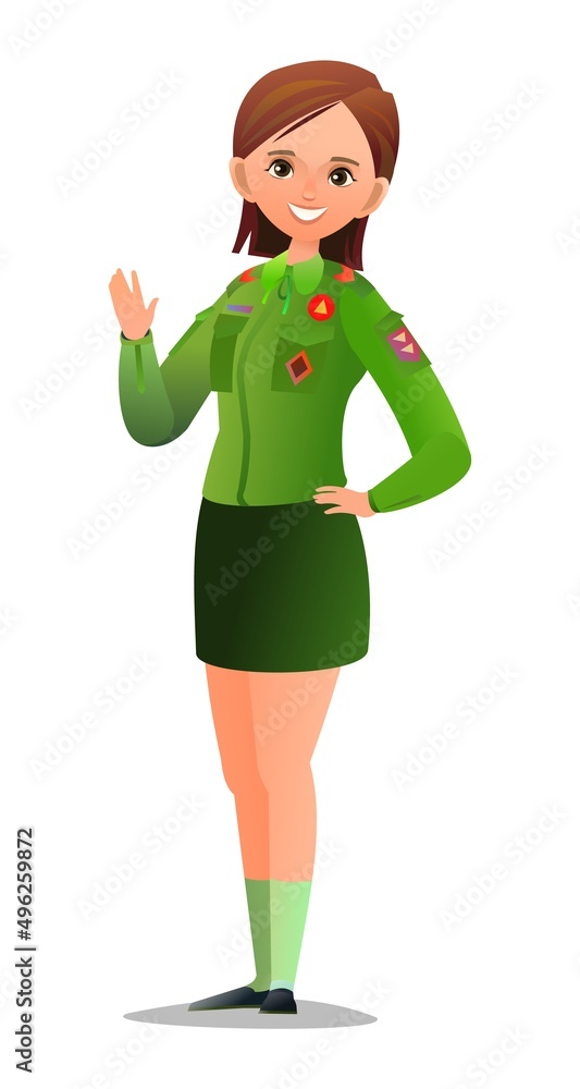 Pretty little girl in scout uniform with badges. Cheerful girl ...