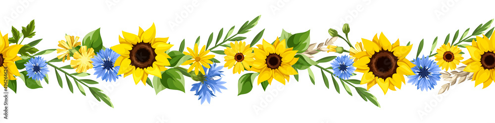 Horizontal seamless border with blue and yellow sunflowers, cornflowers ...