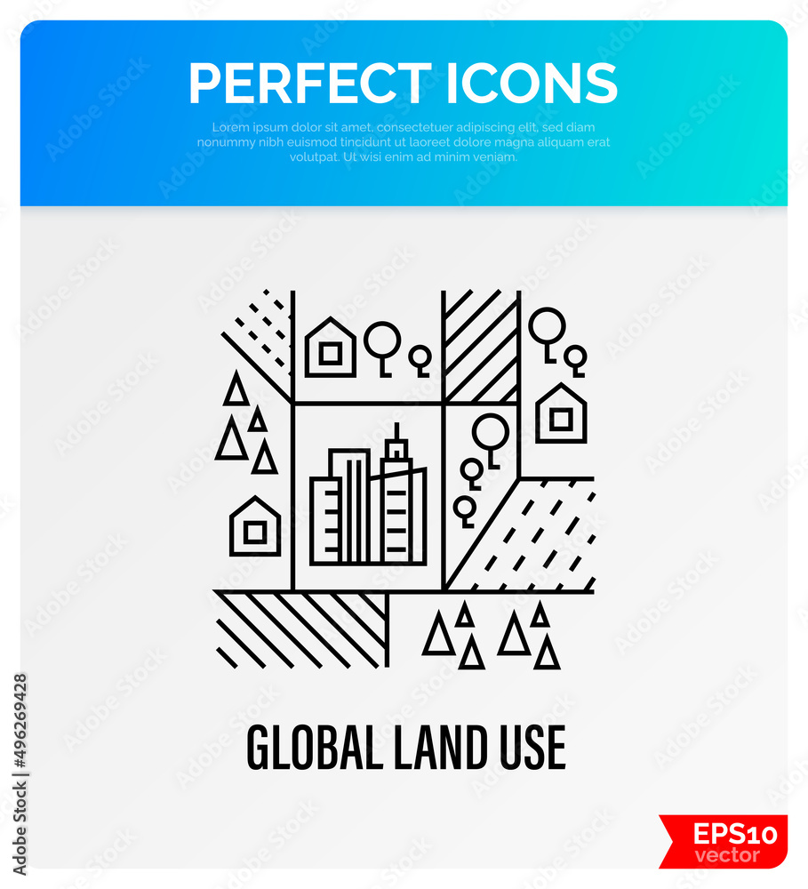 Global land use thin line icon. Deforestation, agriculture, industrial ...