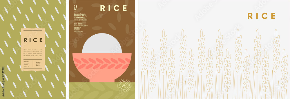 Rice. Food and natural products. Set of vector illustrations. Geometric ...