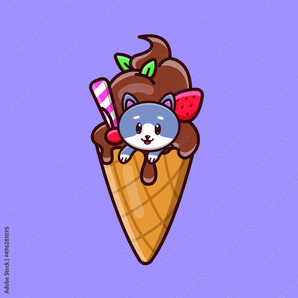 Cute cartoon cat in ice cream vector illustration. Animal isolated ...
